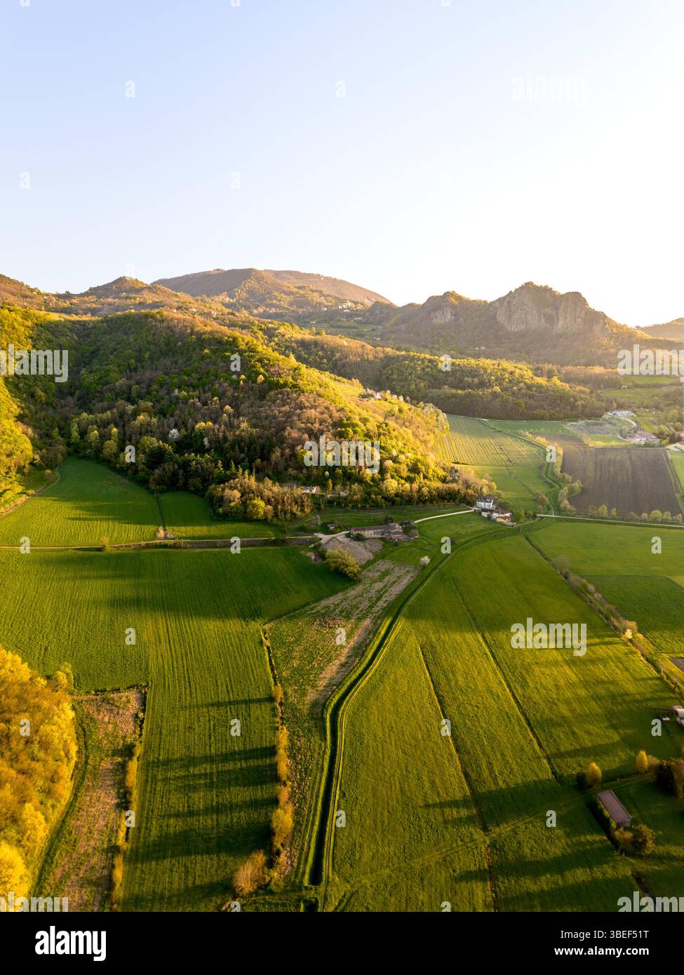 Aerial view of agricultural and farmland landscape with lush green ...