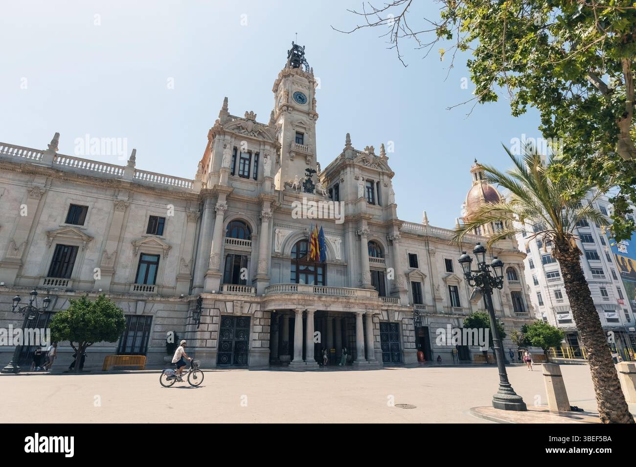Valencia City Hall with neoclassical facade and clock tower in the ...
