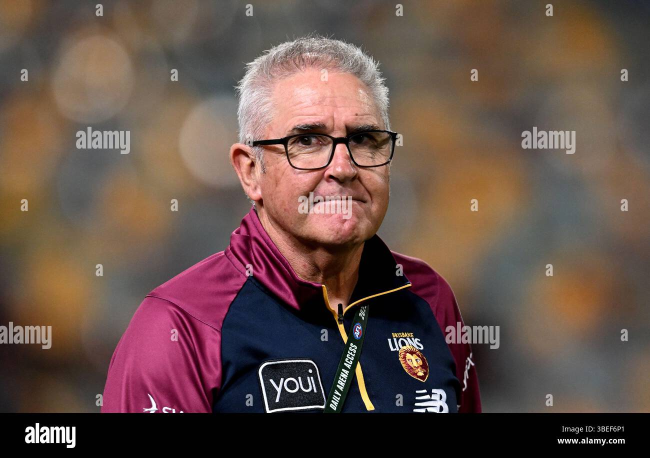 Brisbane, Australia. 29th May, 2025. Lions coach Chris Fagan is seen ...