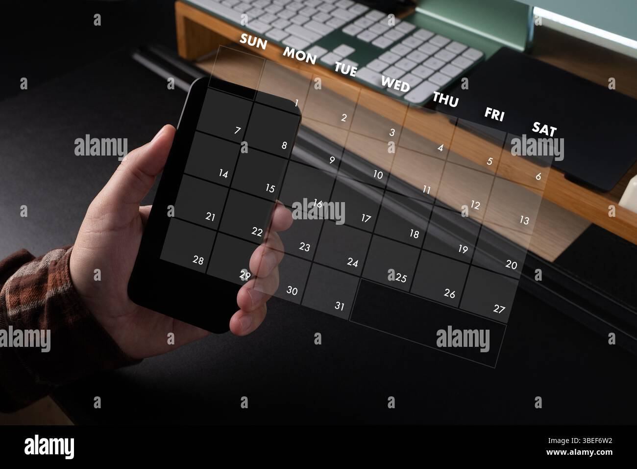 A 2025 calendar person holding smartphone with digital calendar overlay ...