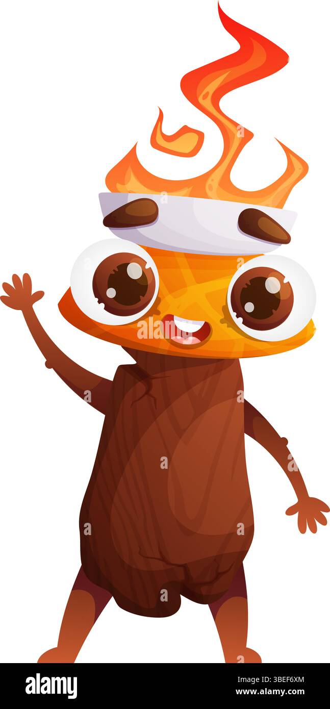 Cartoon Fire Character Waving Hand, Funny and Cute Flaming Mascot on ...