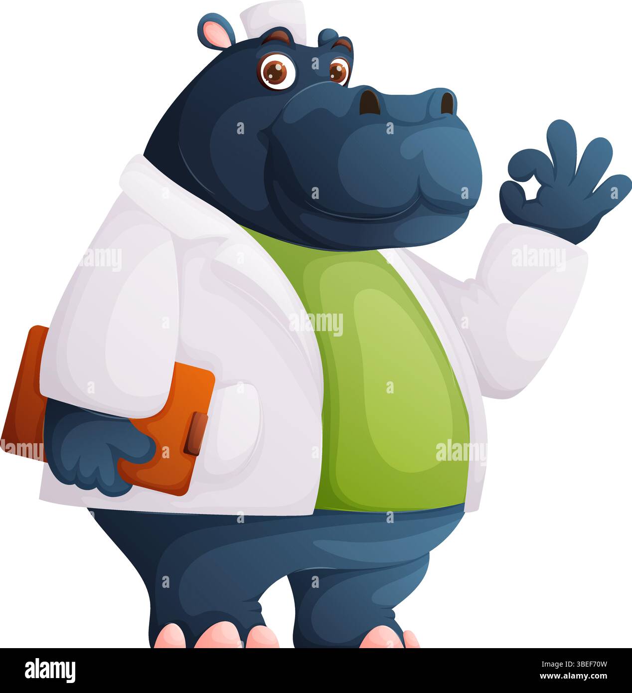 Cartoon Hippo Doctor Giving an Okay Sign, Standing Proudly with Medical ...