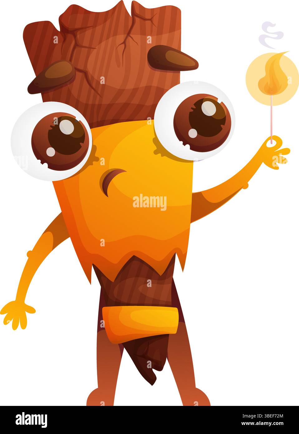 Funny Cartoon Wooden Character with Big Eyes Holding a Burning Torch ...
