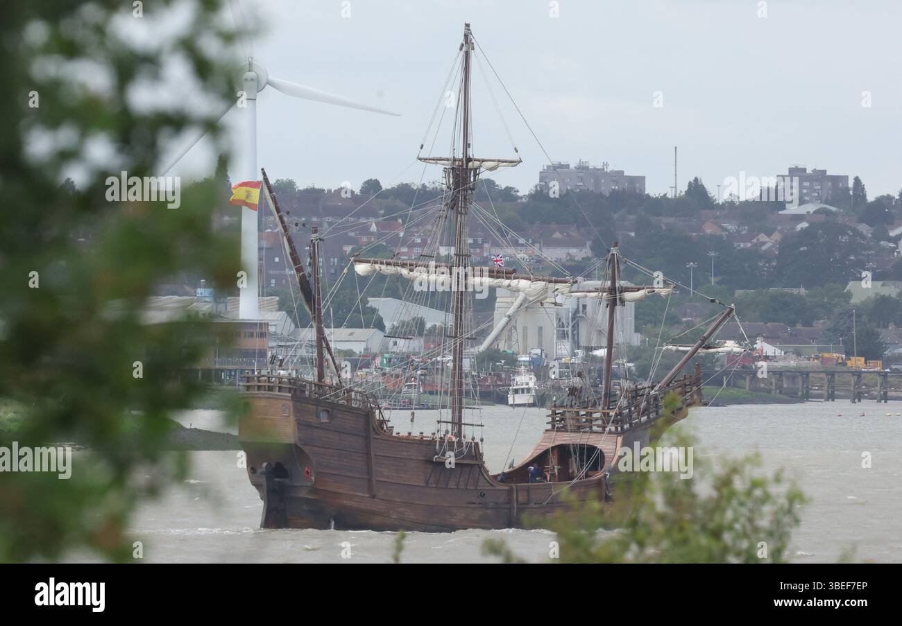 replica of Christopher Columbus' Santa Maria ship going up the River ...