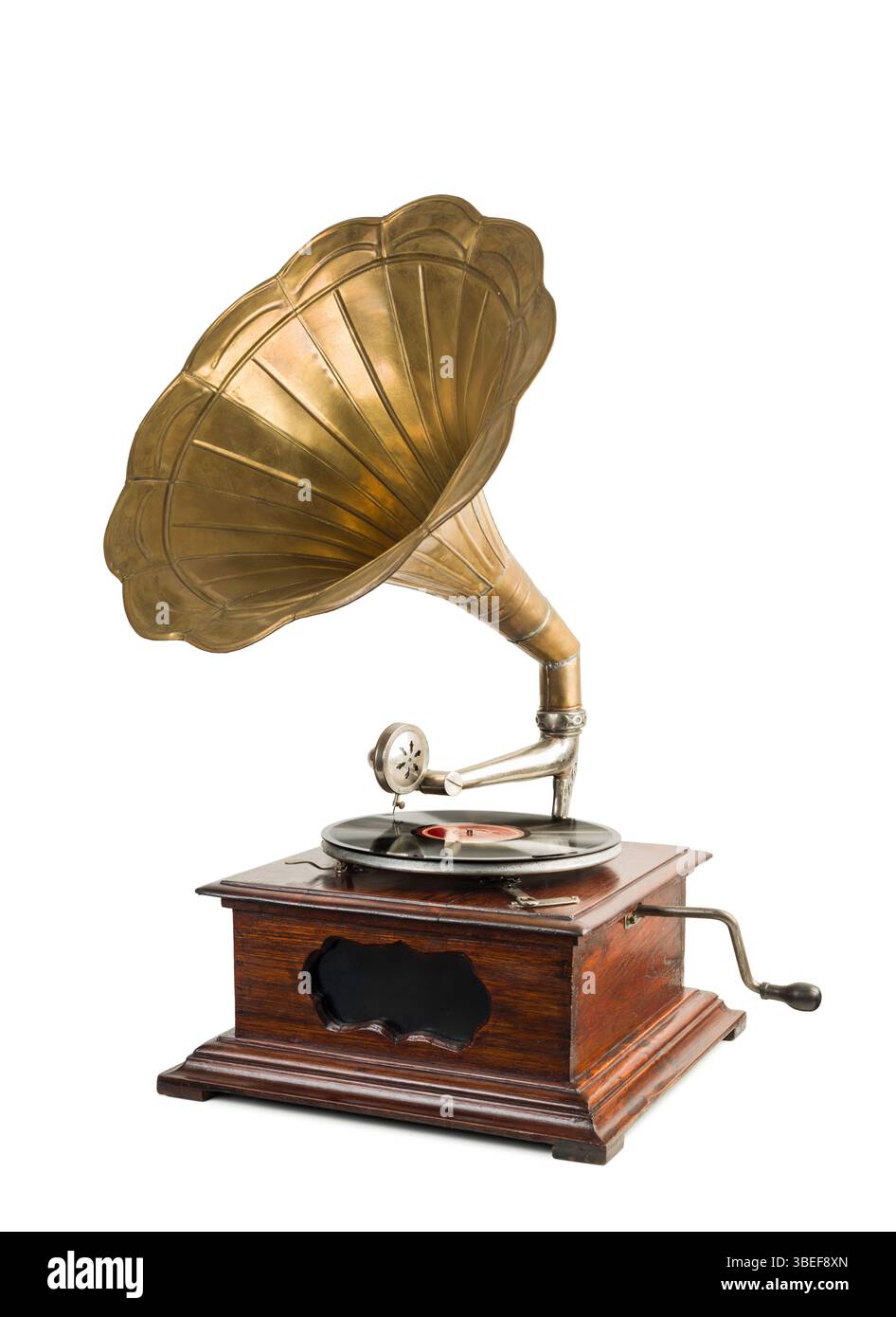 Vintage gramophone with record and a large horn on white background ...