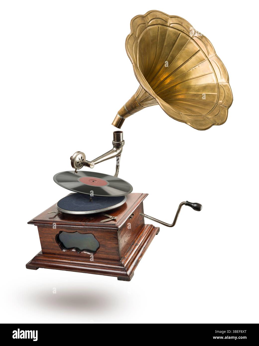 Vintage gramophone with record and a large horn jumping on white ...