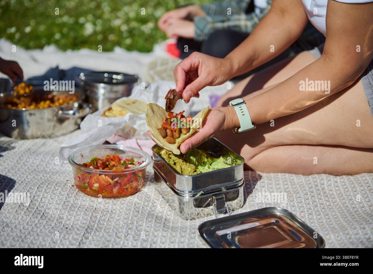 A mother assembles tacos during a family picnic in nature. The meal ...