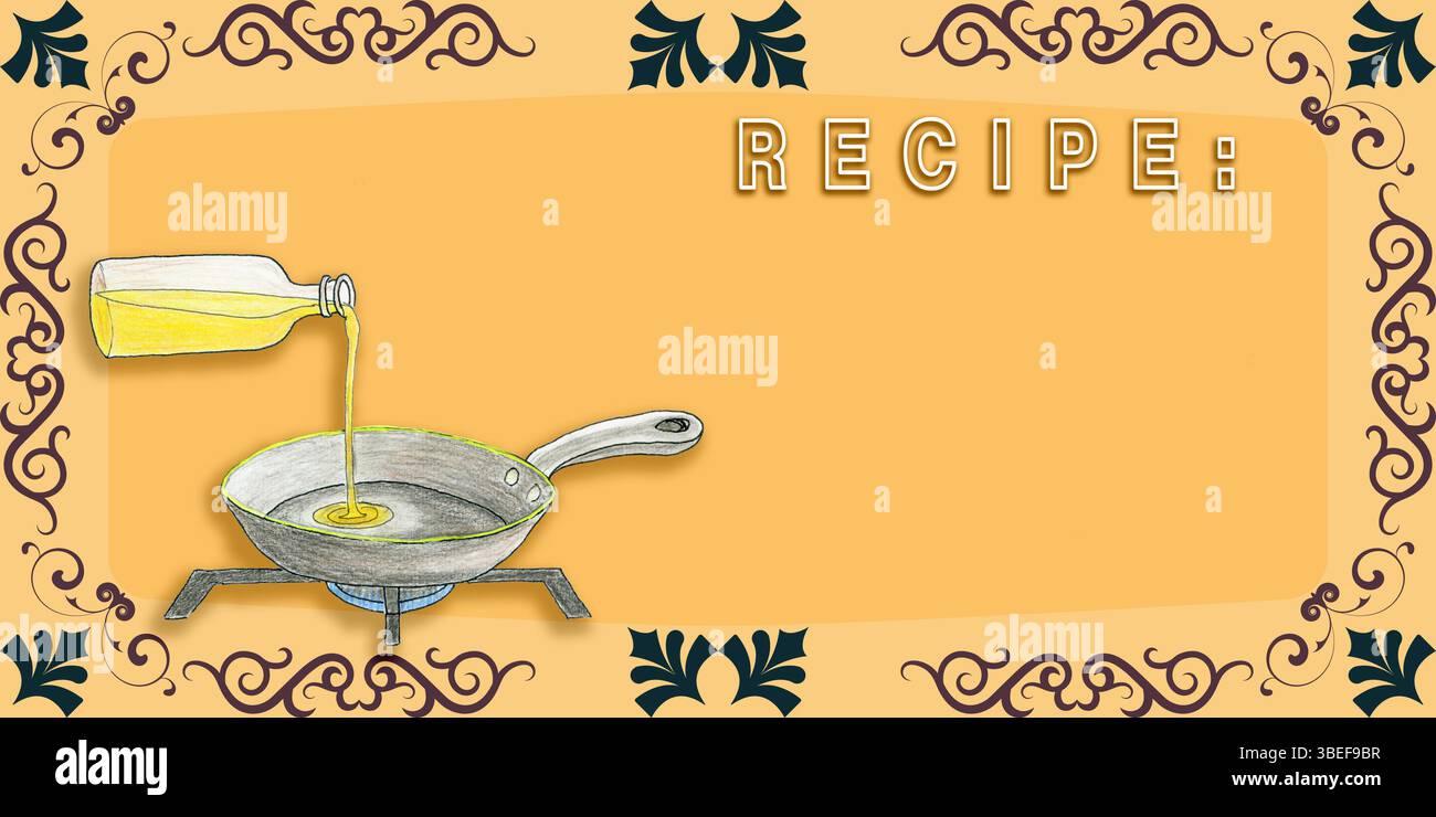 A sketch of a frying pan with oil, framed ornately, capturing the charm ...