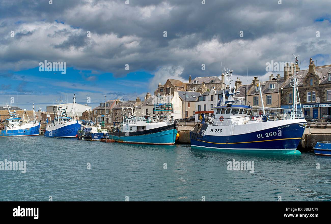 Macduff Aberdeenshire Scotland the seafront and houses with four blue ...