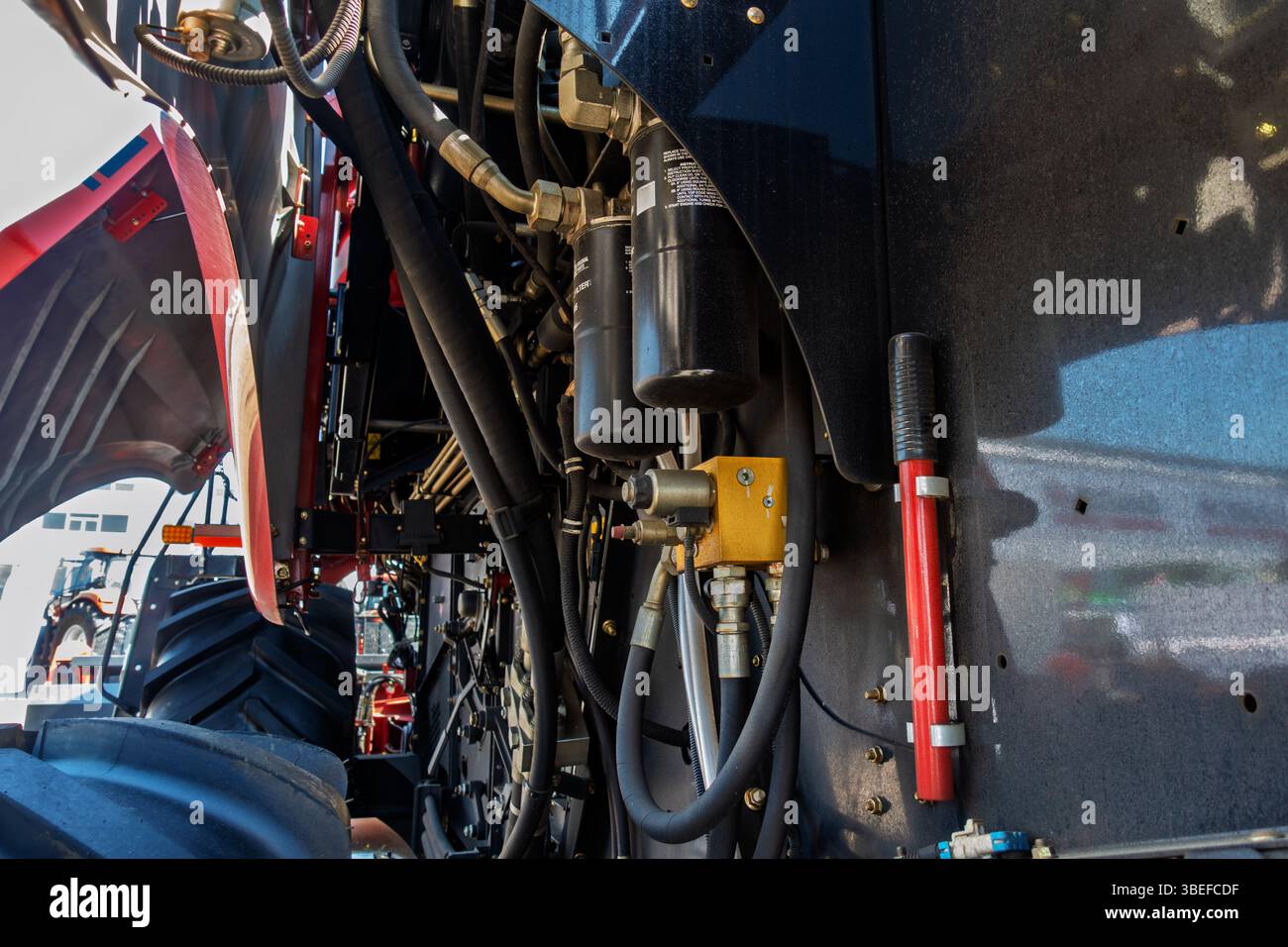 Close-up Shot of Tractor's Internal Mechanisms with Hydraulic ...