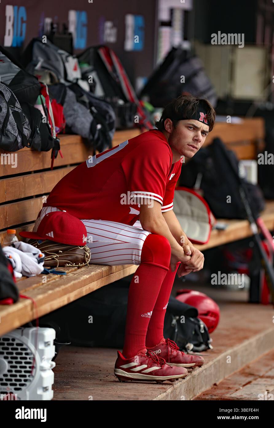 Nebraska pitcher Ty Horn looks on from the dugout during the 2025 Big Ten Tournament ...