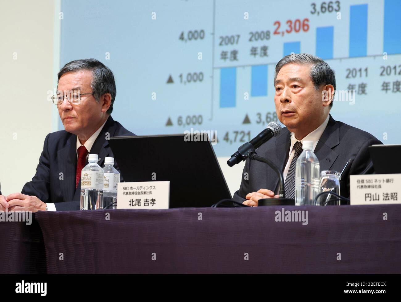 NTT President Akira Shimada (L) and SBI Holdings Chairman and CEO ...
