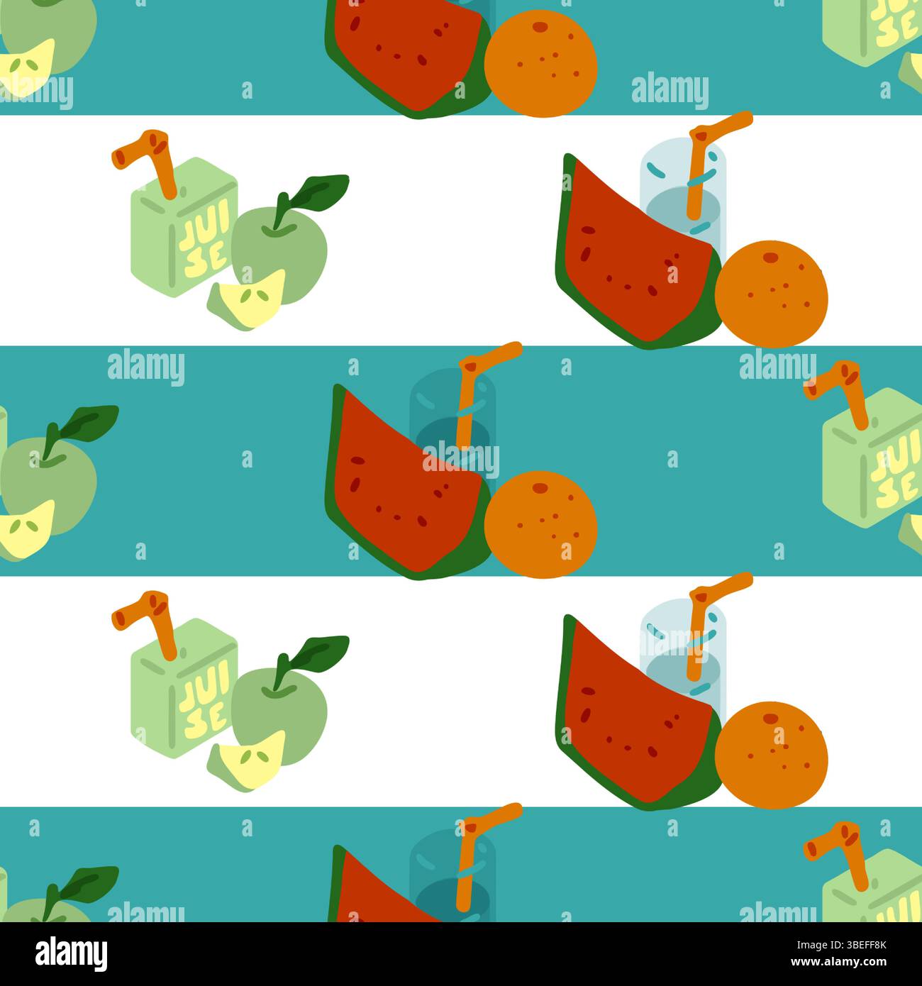 Seamless pattern with apples, oranges, watermelon slices, juice boxes ...