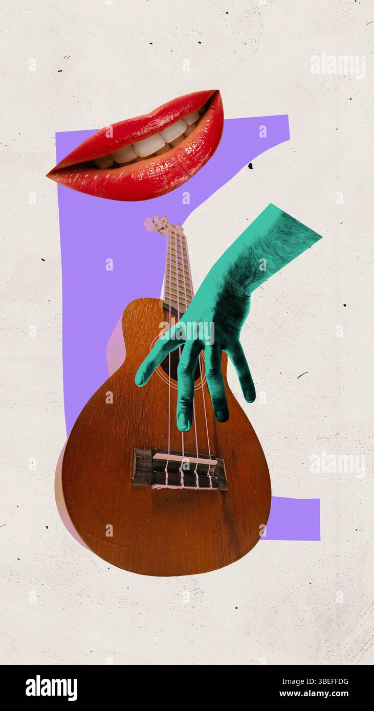 Contemporary art collage. Red lips float above ukulele while green hand ...