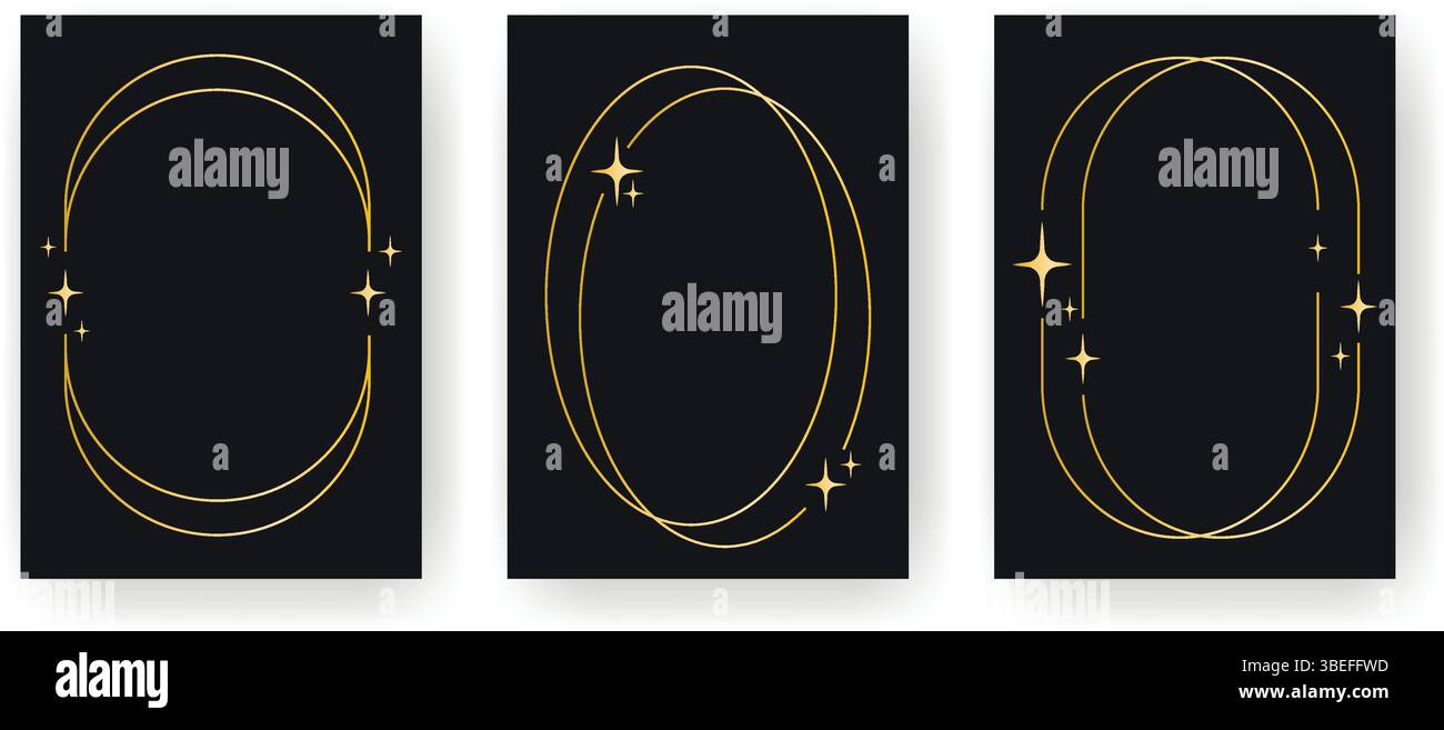 Set of three golden frames with stars on black background. Oval outline ...