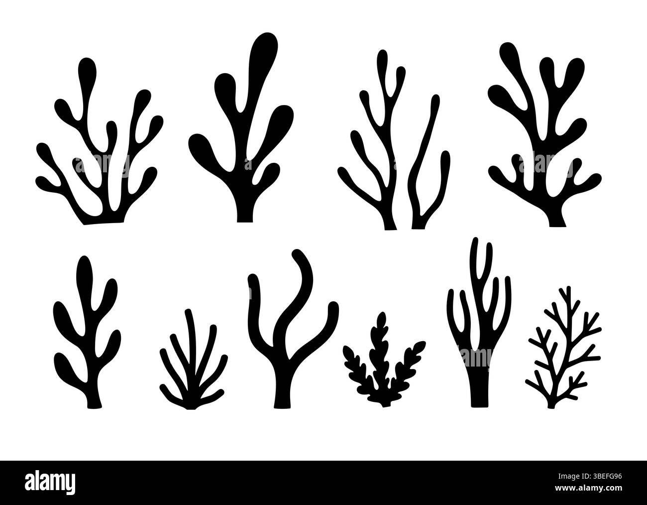 Seaweed coral silhouette black vector icon. Weed plant ocean reef fish ...