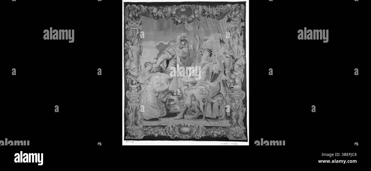 This Flemish tapestry showcases Augustus seated on a throne, with a kneeling woman delivering a ...