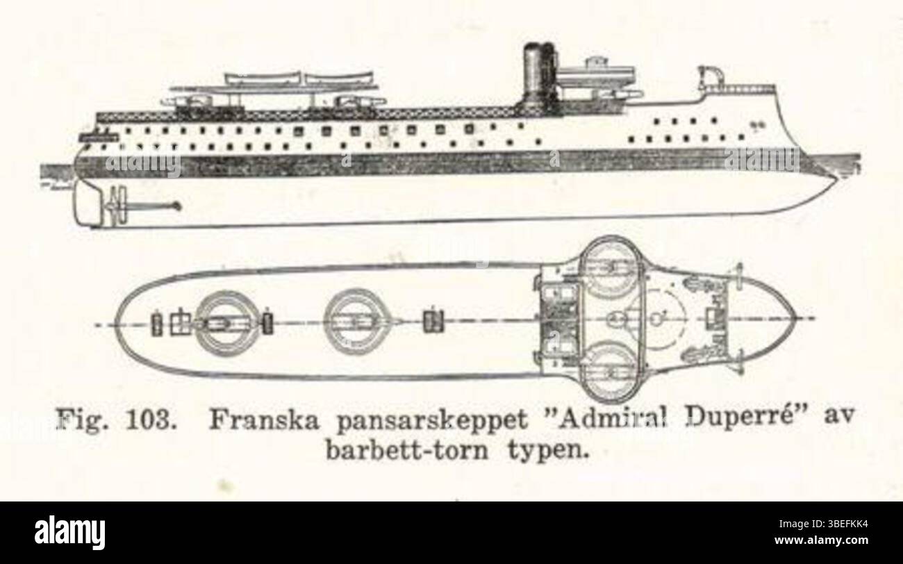 Technical line drawing of the French ironclad warship Admiral Duperré ...