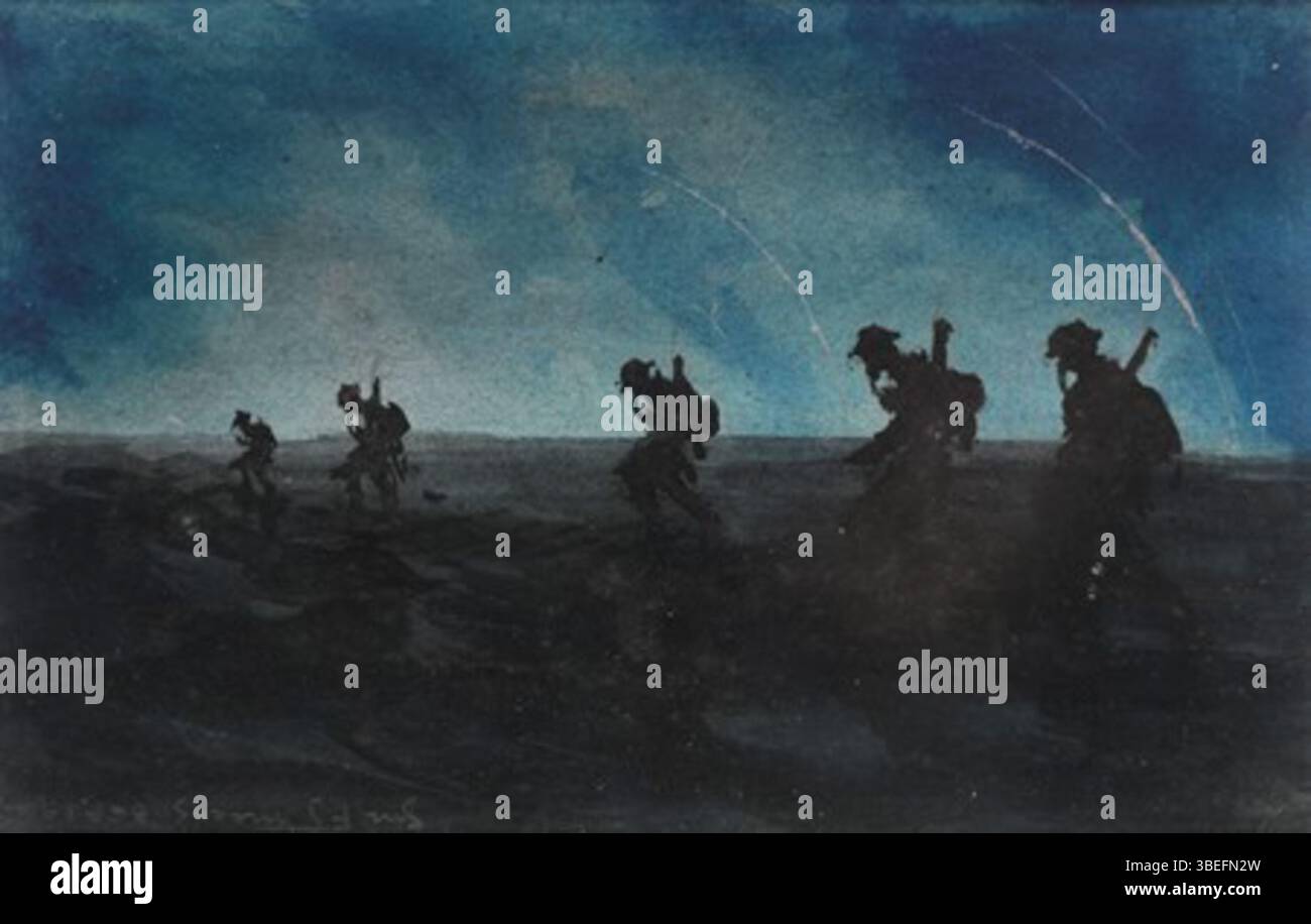 This watercolour by F. J. Mears depicts soldiers in gas masks advancing ...