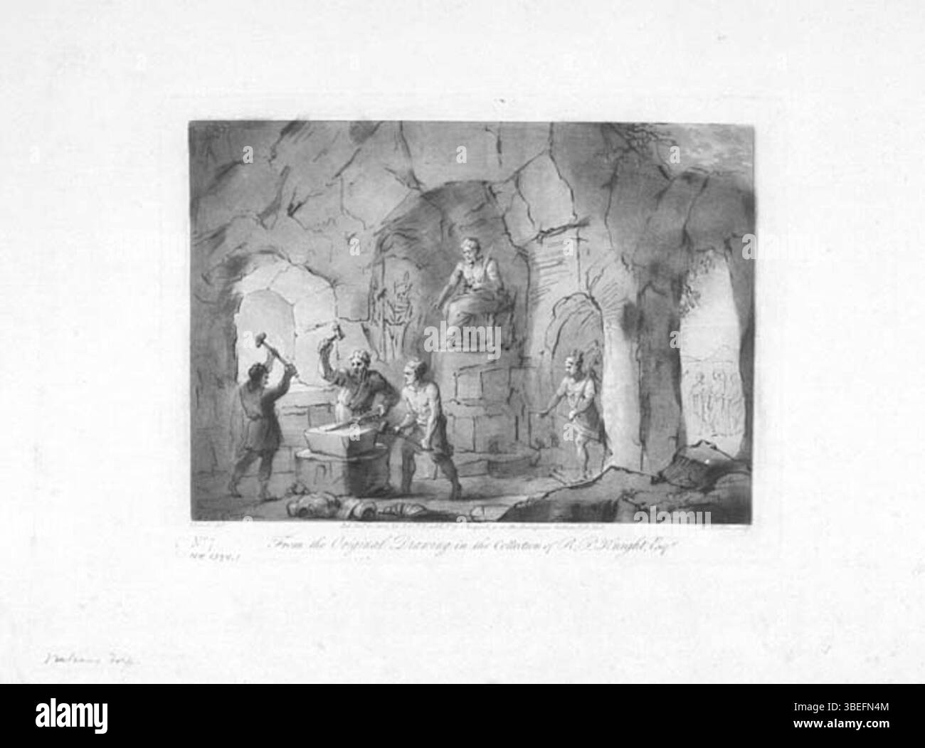This print, created by Richard Earlom in 1802, depicts Vulcan forging ...