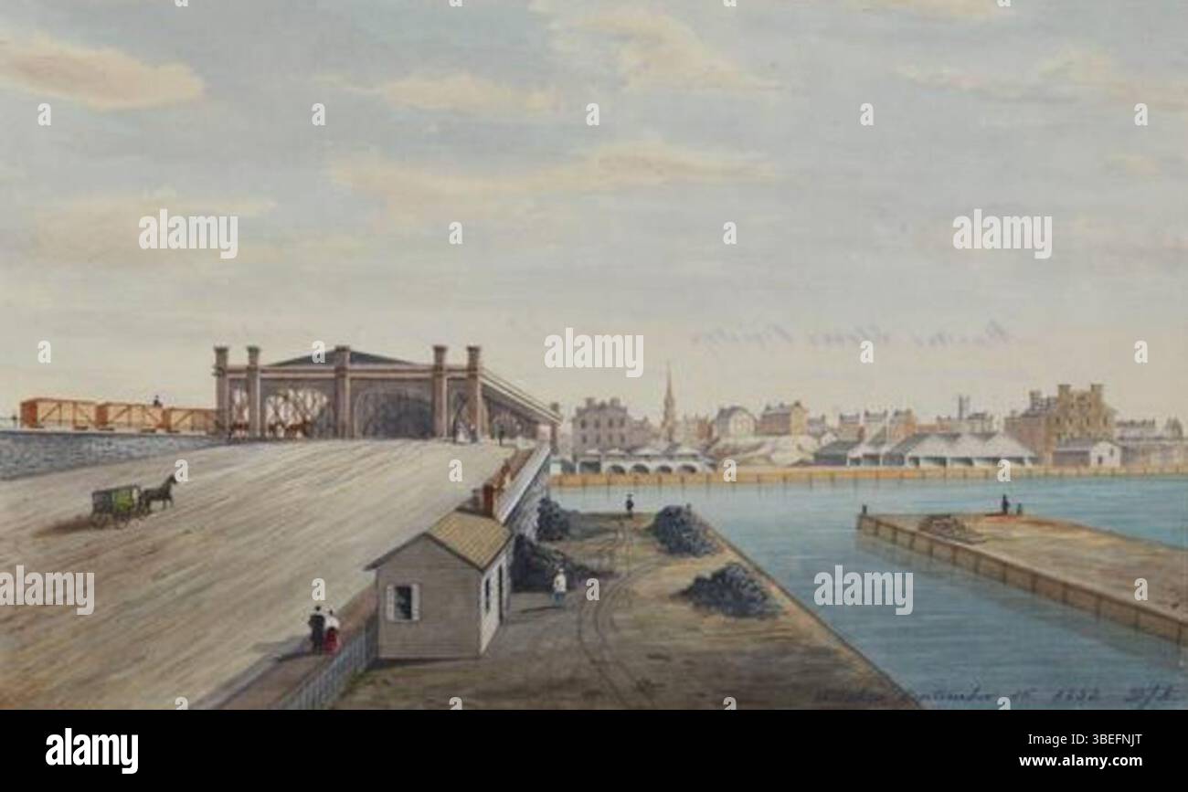 This watercolor by David J. Kennedy depicts the Market Street Bridge ...