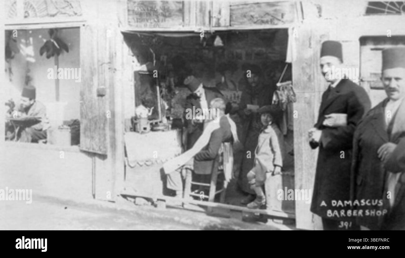 A 1930s photograph of a traditional barber shop in Damascus, Syria ...