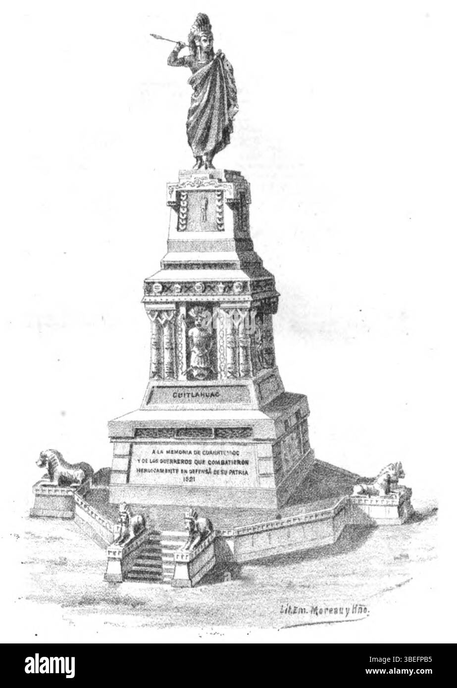 The engraving titled 'Monumento a Cuauhtémoc' created by E.M. Moreau y ...