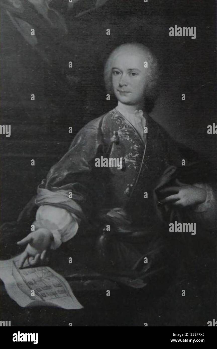 Lancelot Allgood (1711-1782) is shown pointing to a drawing of Nunwick ...