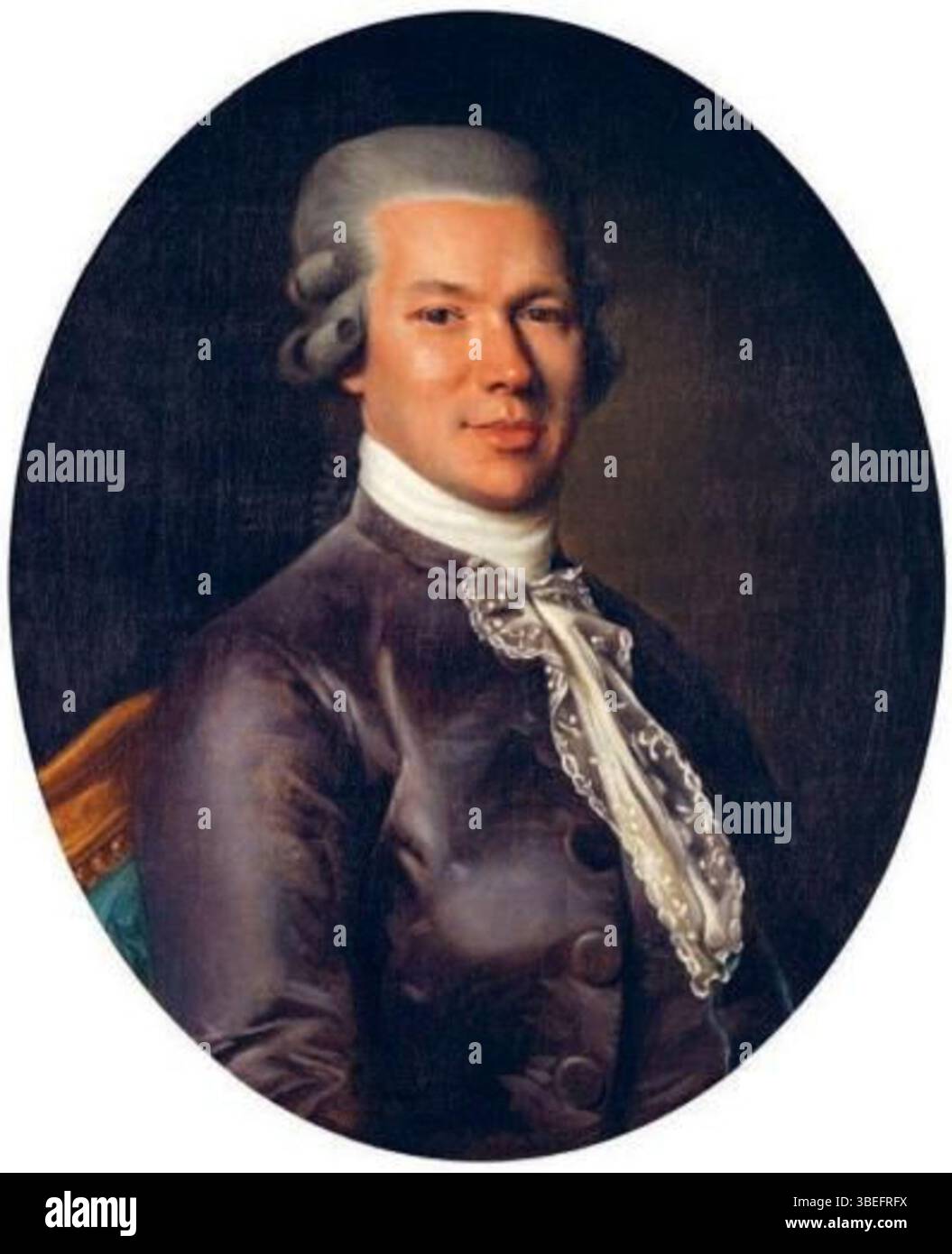 A portrait of a man in a mauve jacket with lace jabot and a powdered ...