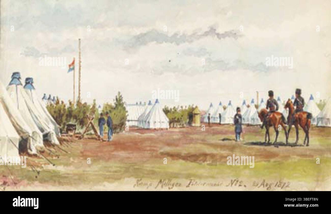 The artwork shows cavalrymen riding into the camp at Nieuw Milligen, a ...