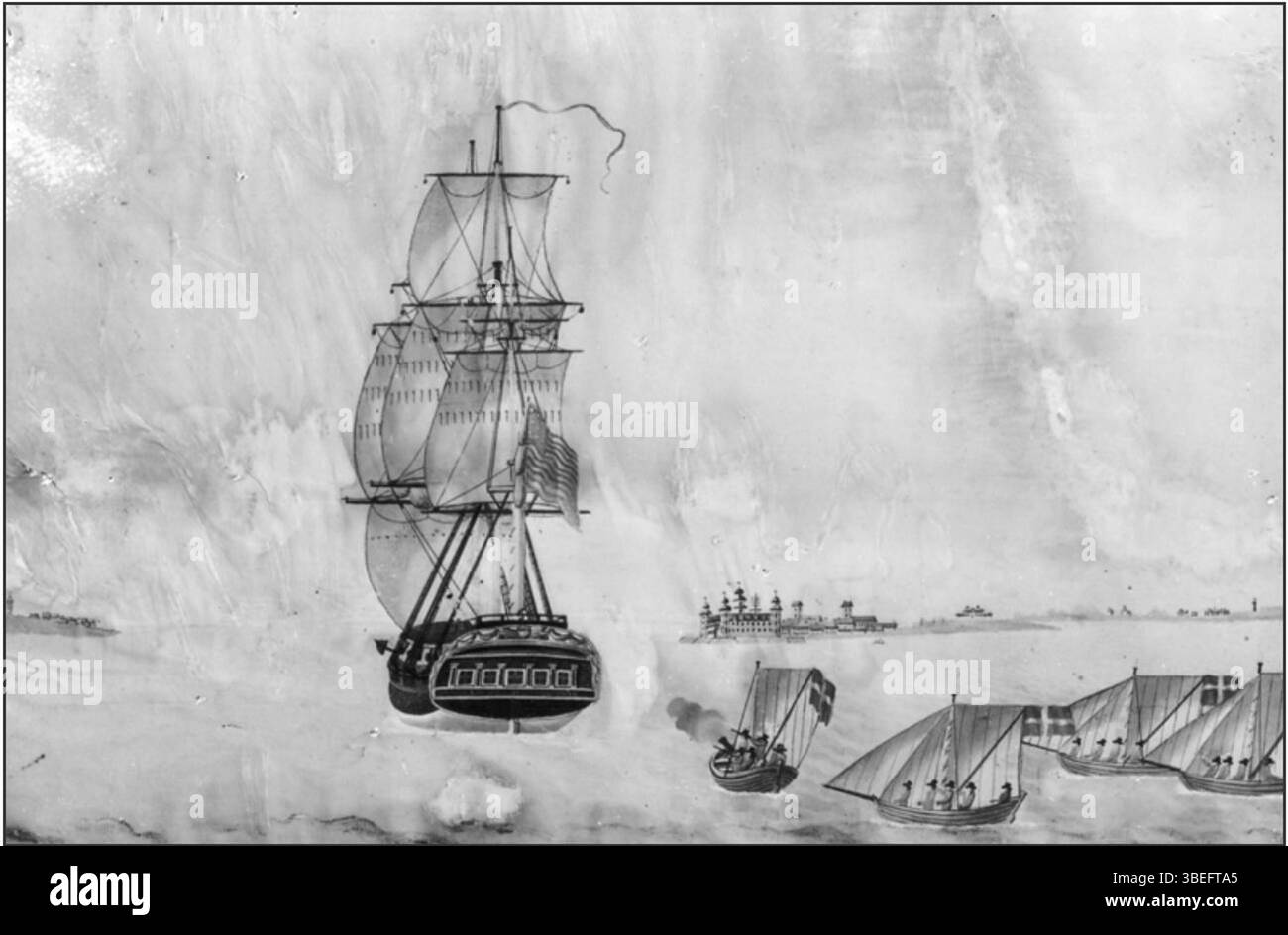 This illustration by C. Butty shows the Danish privateer ship Anna ...