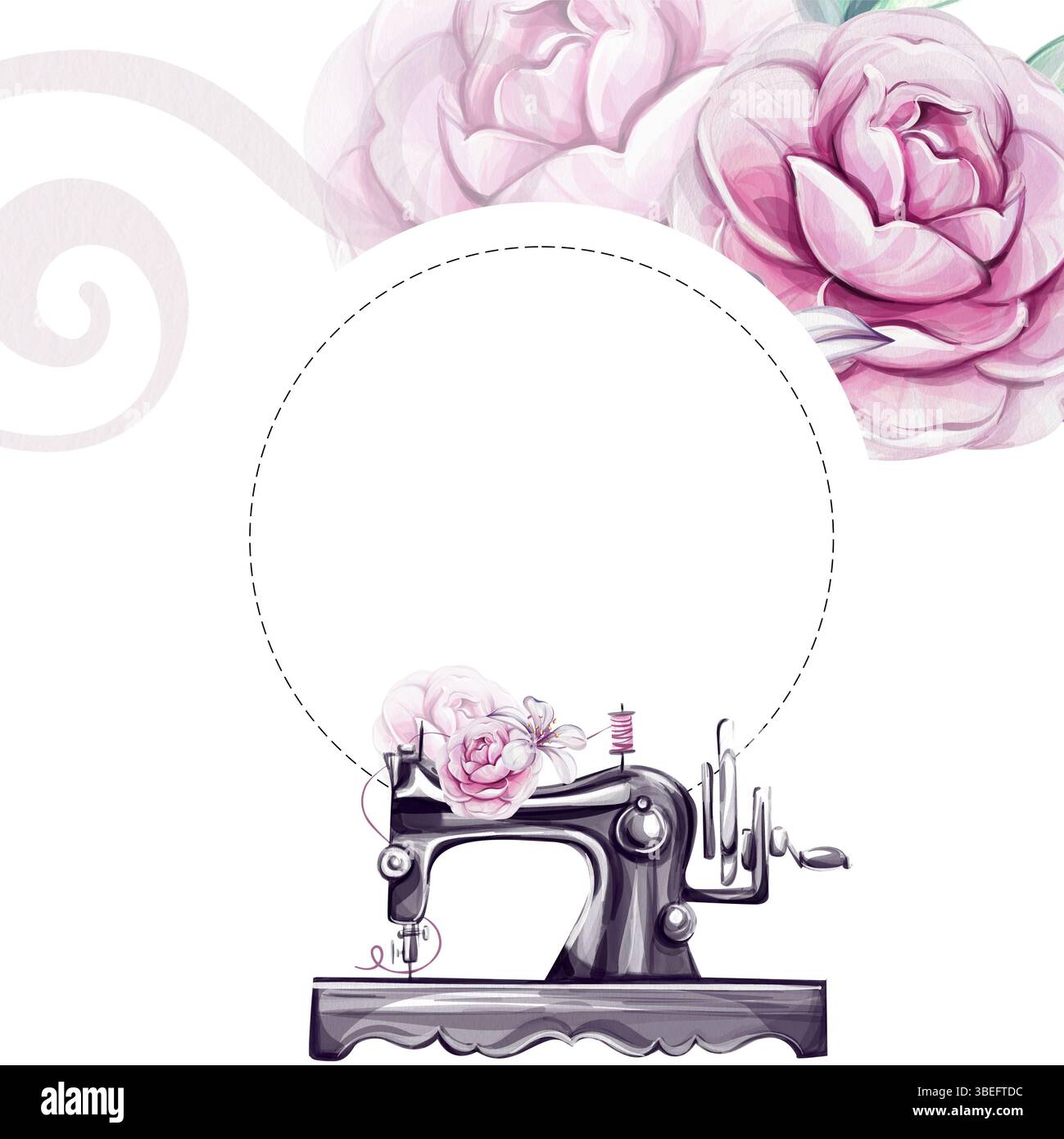 Watercolor circle frame, template- vintage sewing machine, sewing tools ...