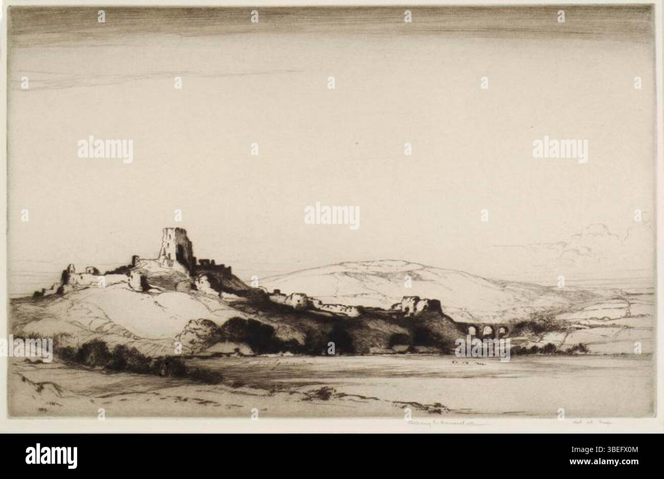 This pre-1917 etching by Albany E. Howarth depicts Corfe Castle, an ...