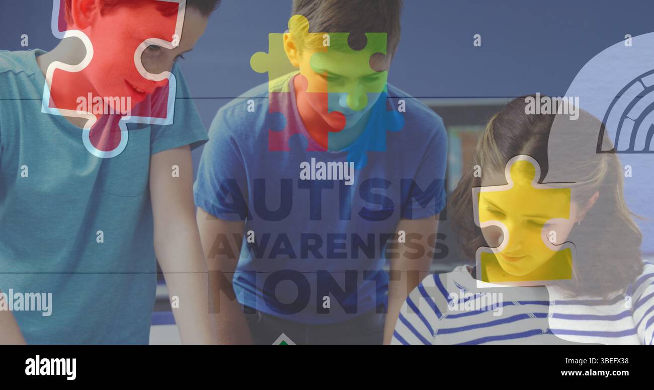 Image of puzzle over diverse schoolchildren Stock Photo - Alamy