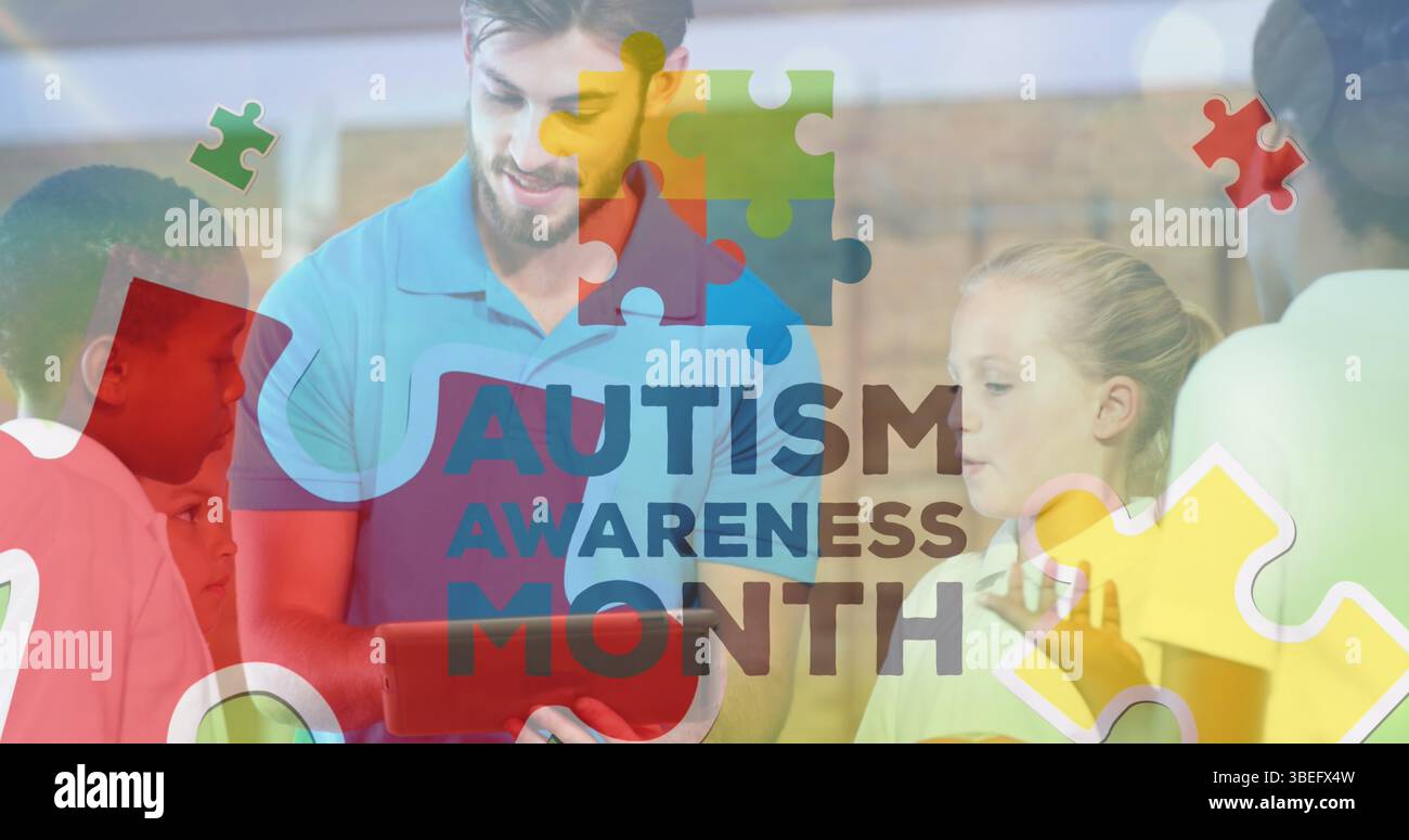 Image of colorful puzzles and autism awareness month over caucasian man ...