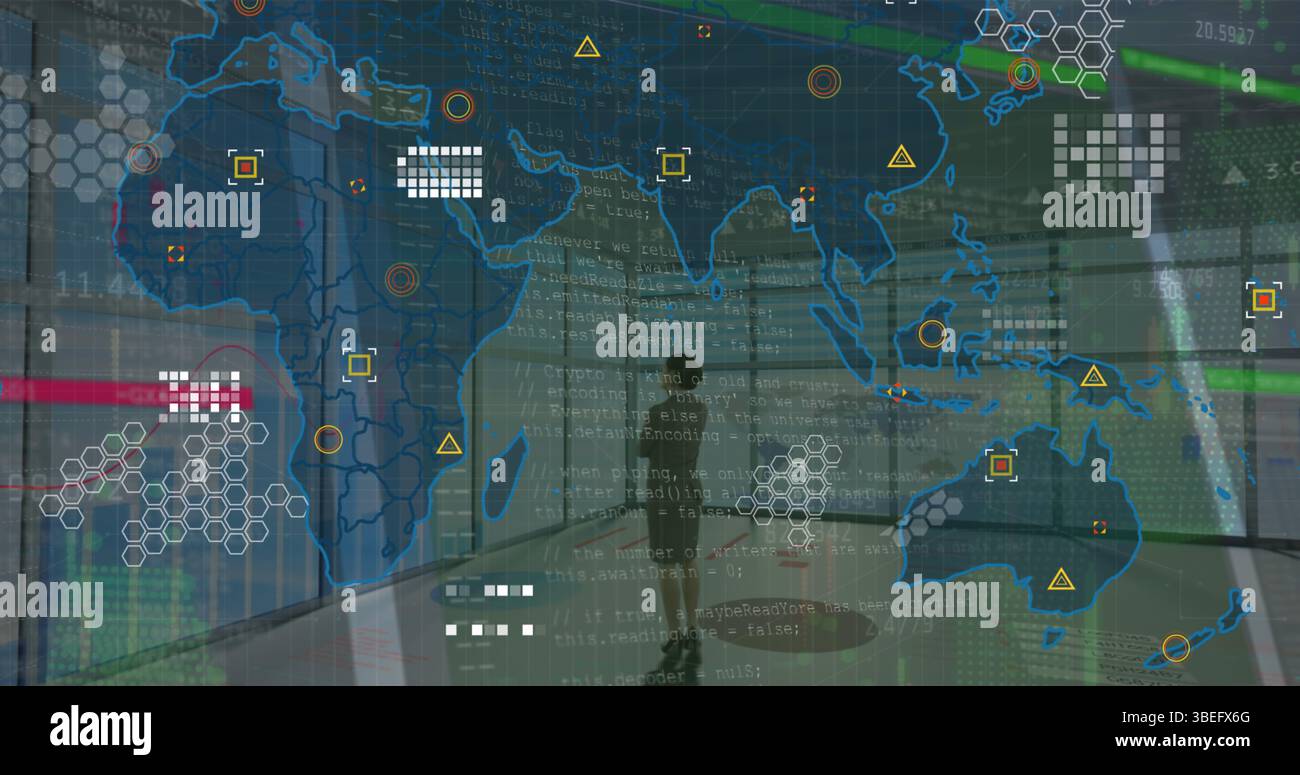 Female data analyst wearing blazer monitoring curved screen in control ...