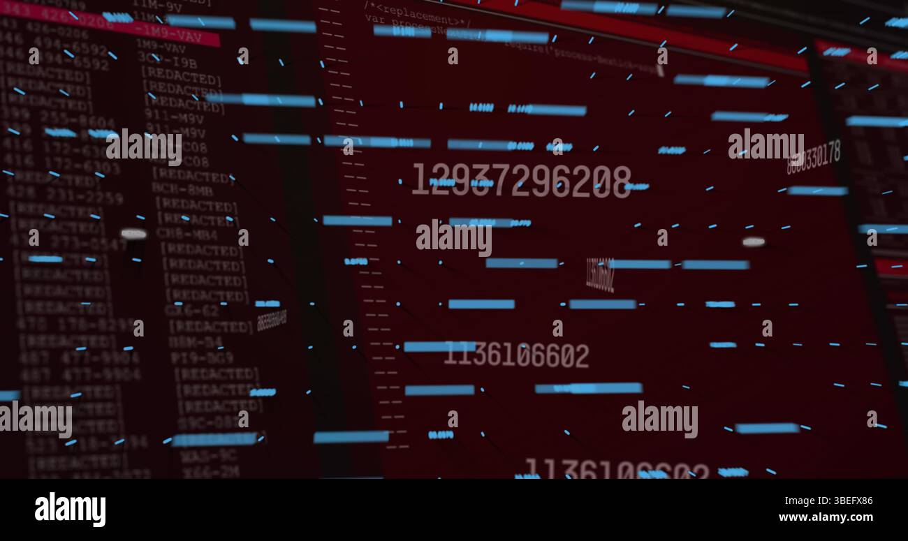 Streaming data on dashboard showing red 'REDACTED' code columns white numeric values, blue bars ...