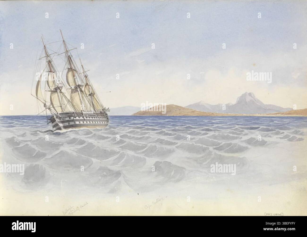 This drawing by George Pechell Mends depicts HMS *Bellerophon* off Cape ...