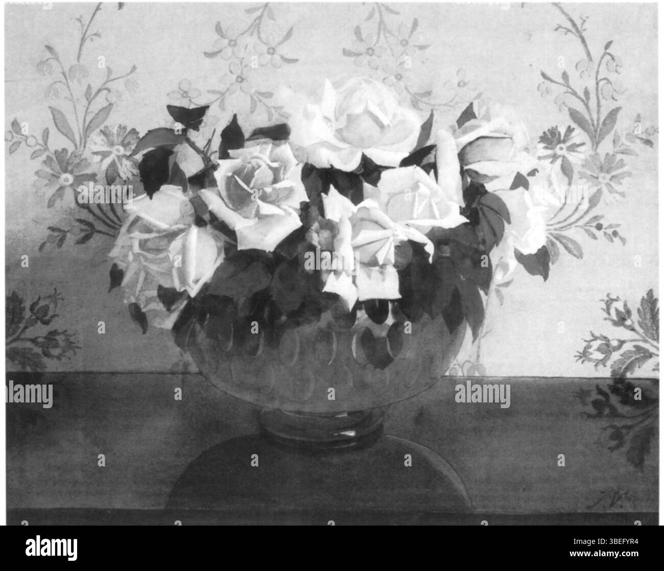 This painting by Jan Voerman (1857-1941), titled 'Roze rosen,' portrays ...
