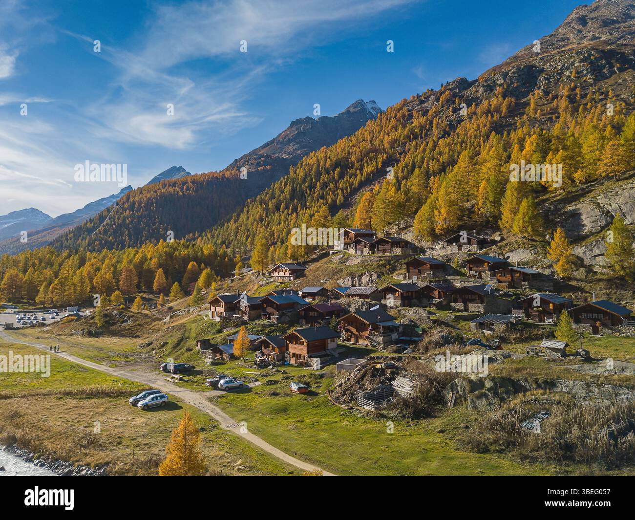 The Swiss Alps village Blatten with tradtional wooden chalets in autumn ...