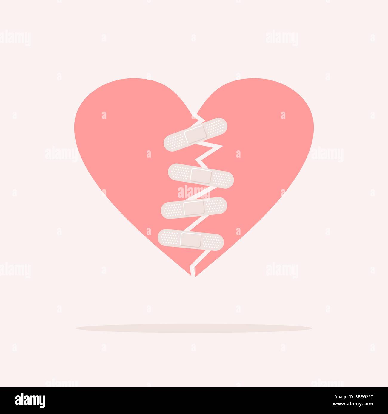 Broken heart halves glued together with medical plasters. Flat vector ...