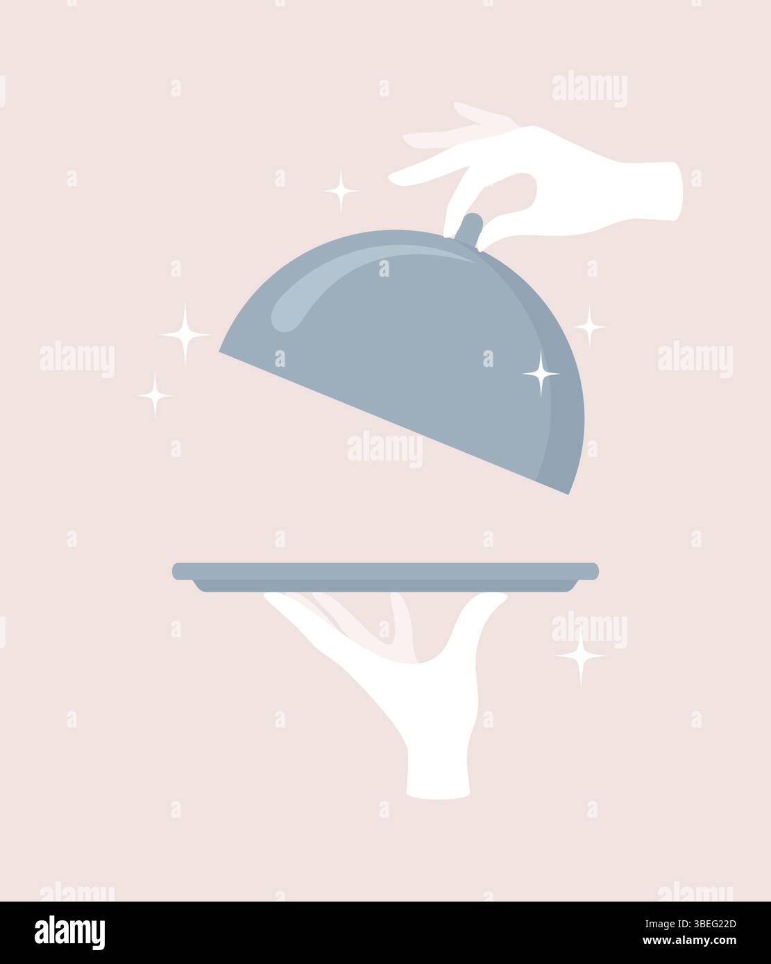 Hands in white gloves holding a cloche and opening the lid on a beige ...