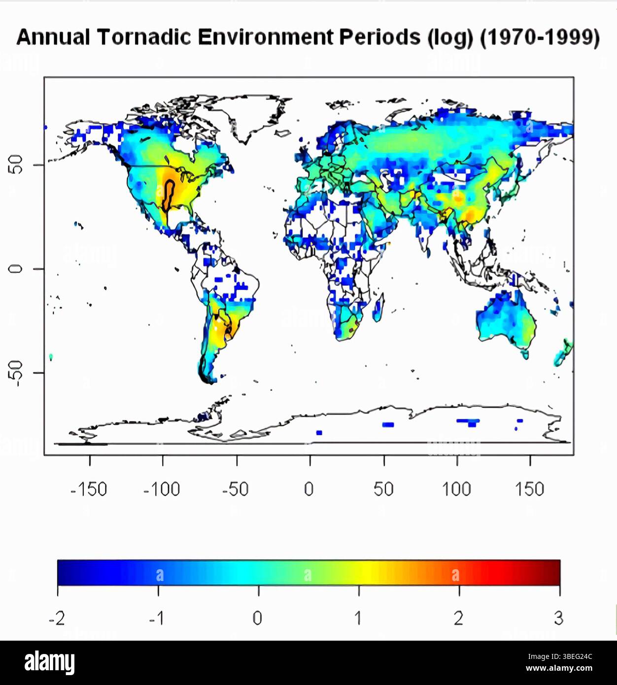 This world map, created by Harold Brooks in 2003, shows tornado ...