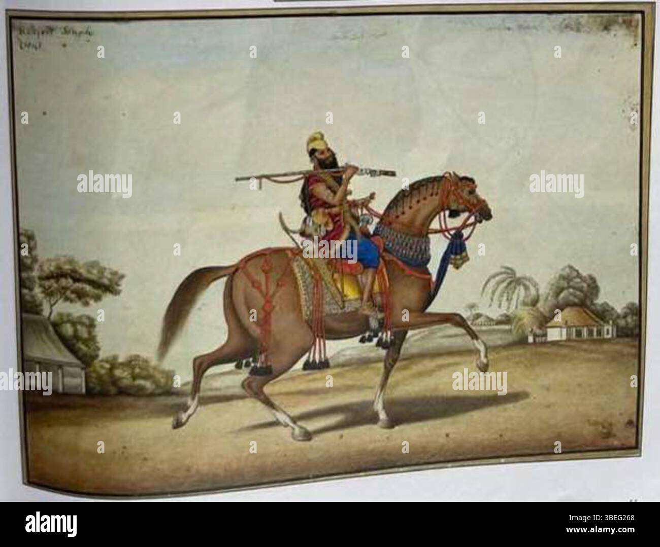 This portrait depicts a bodyguard of Maharaja Ranjit Singh, shown armed ...