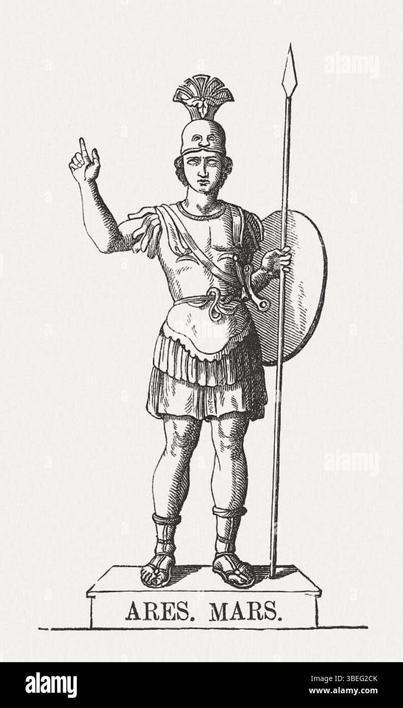 Ares, the Greek god of war, is portrayed in this 1878 wood engraving ...