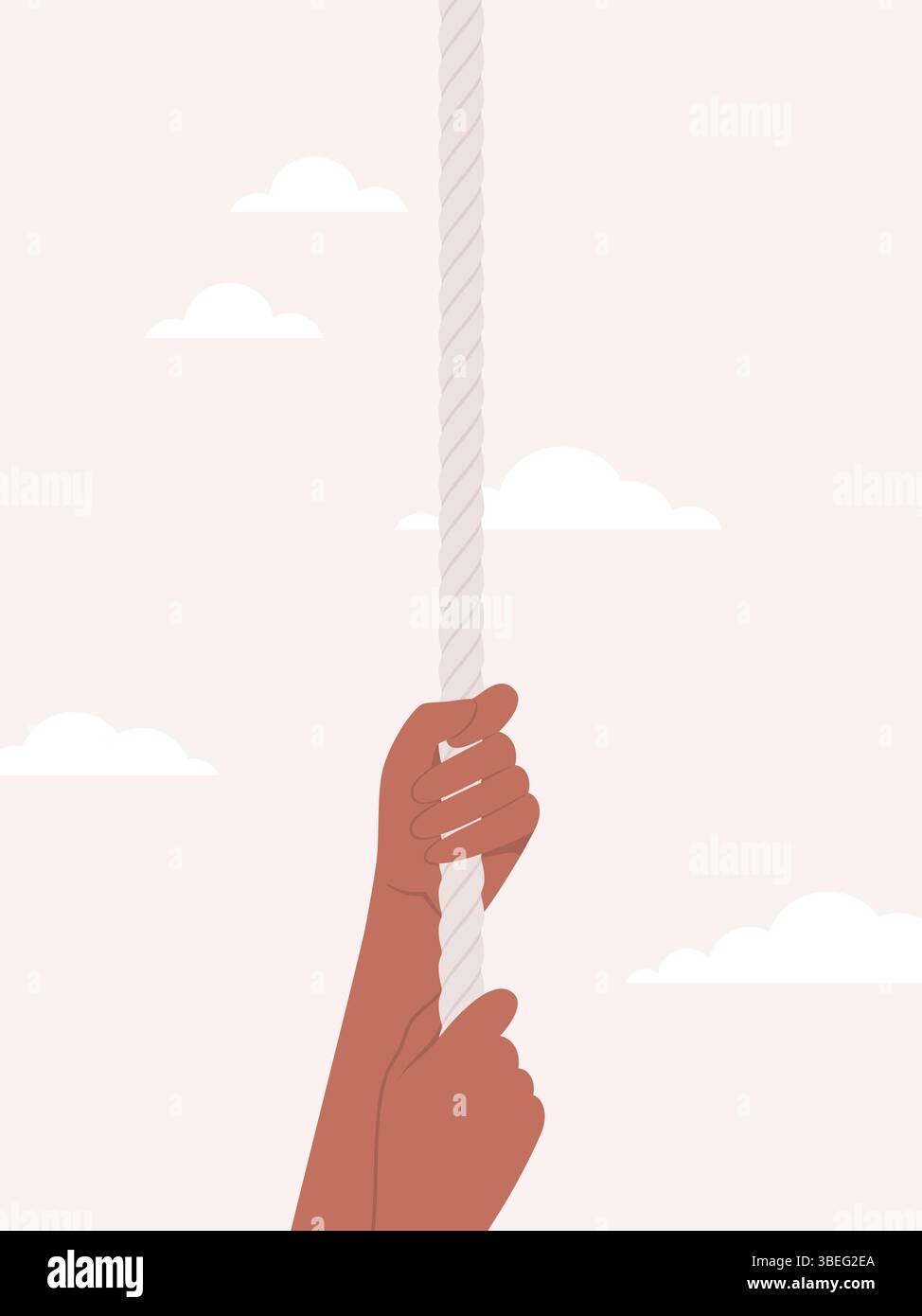 Human hands pulling the rope from above on a beige cloudy background ...
