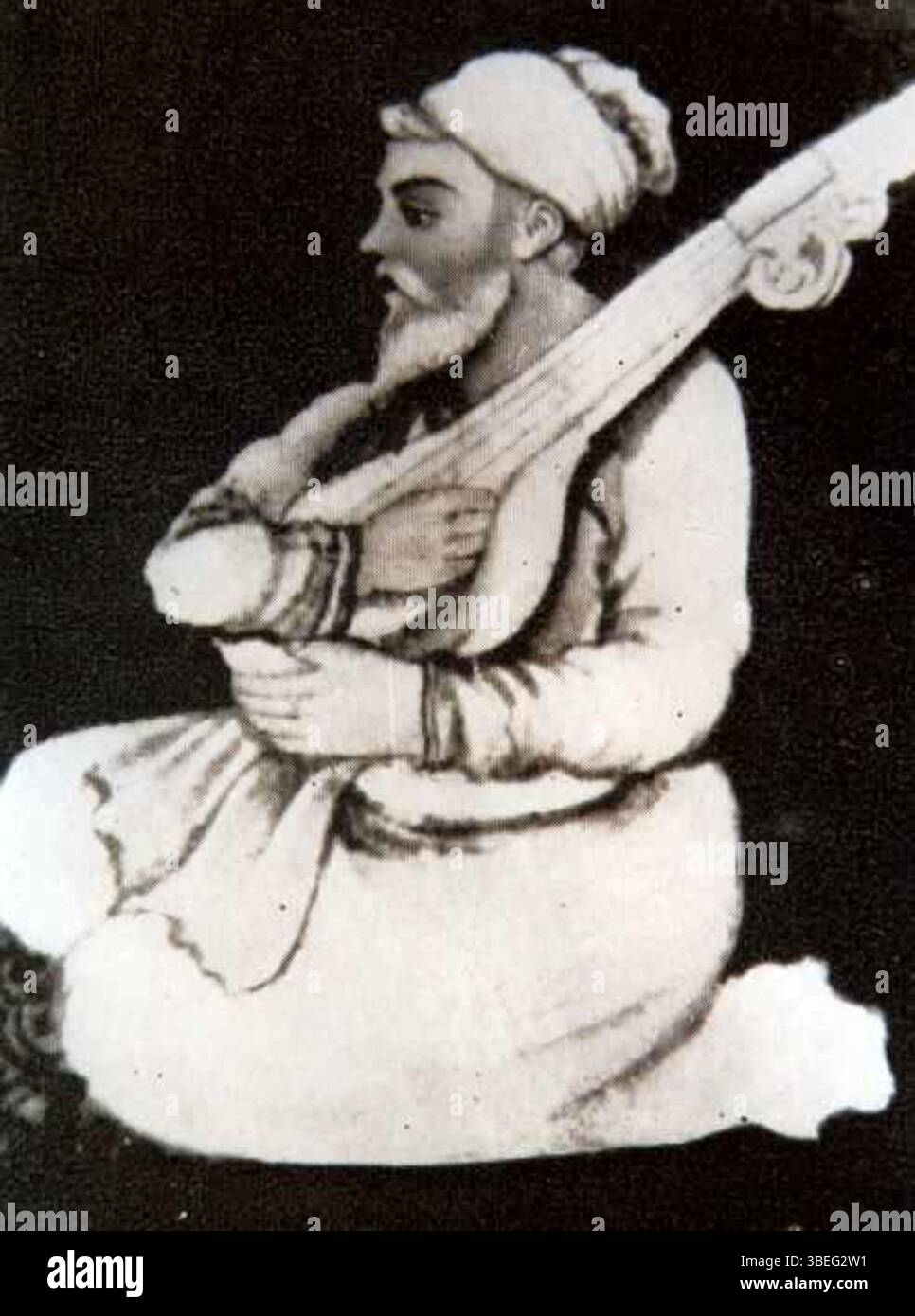 This depiction shows Bhai Mardana holding his characteristic rabab ...