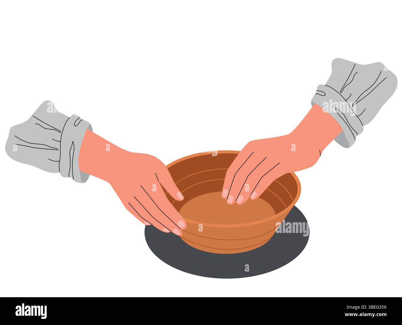 Hands shaping a clay bowl on a pottery wheel, viewed from above. Simple ...