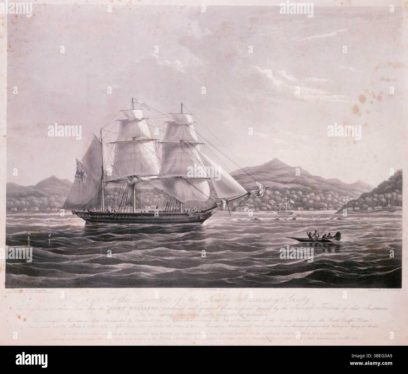 An engraving depicting the 'John Williams,' a missionary ship entering ...