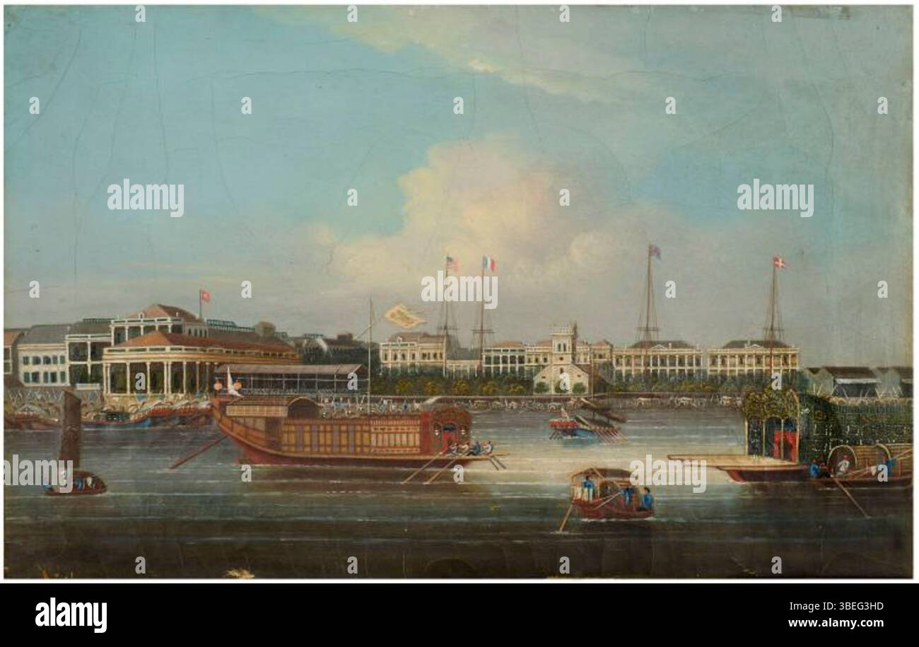 This 1946 painting captures factories along the harbor of Canton (now ...